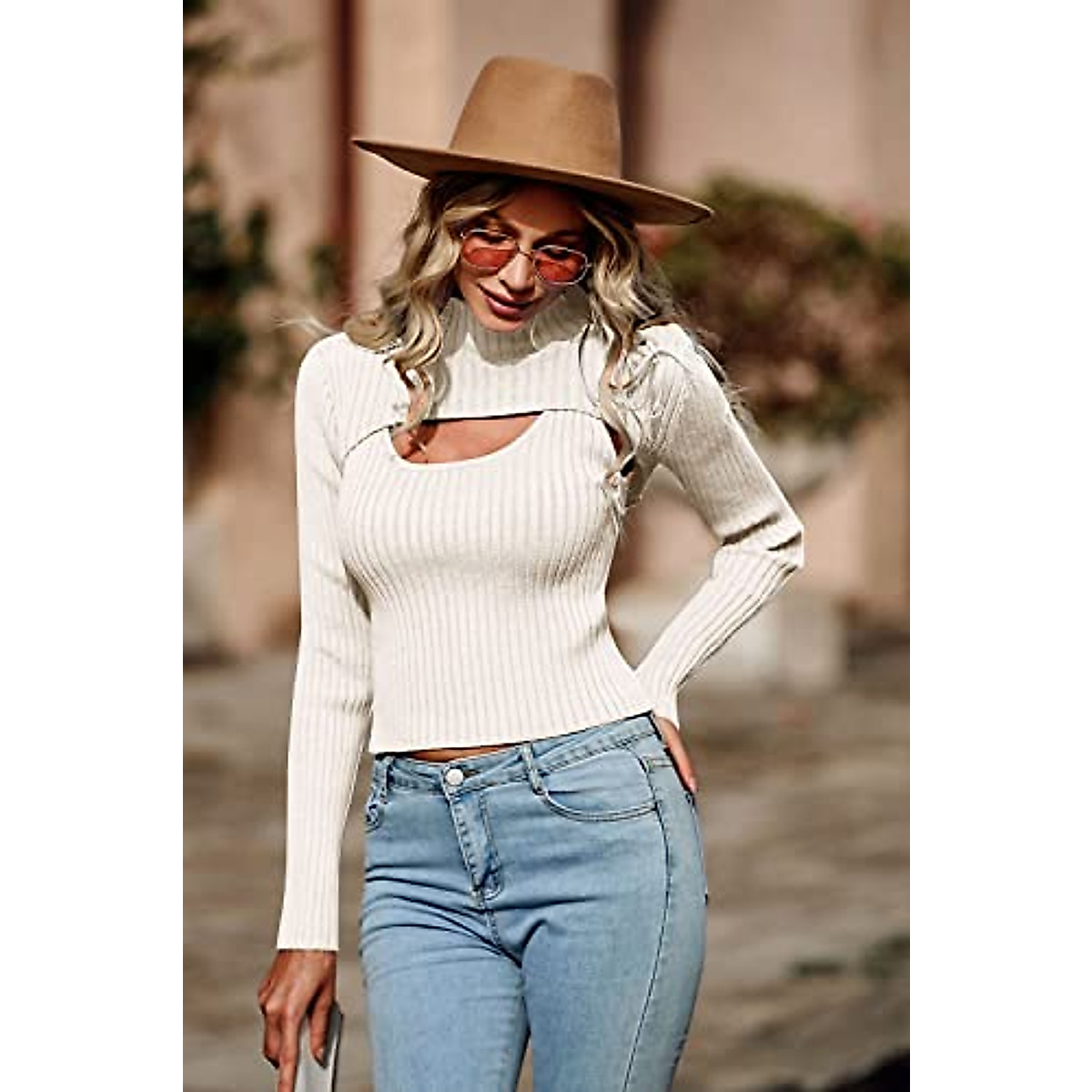 PRETTYGARDEN Women's 2023 Fashion Fall Clothes 2 Piece Cutout Tops Long Sleeve Mock Neck Rib Knit Winter Pullover Sweater (Beige White,Small)