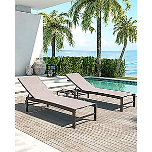 Crestlive Products 2PCS Patio Chaise Lounges and 1PC Table Set Aluminum Adjustable Lounge Chairs with Tempered Glass Side Table, Curved Design, All-Weather Outdoor Recliners (Beige)