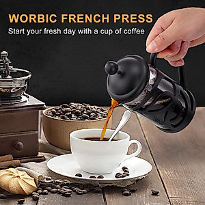 WORBIC French Press Coffee Maker, 3 Level Filtration System, Coffee Press with Heat Resistant Borosilicate Glass, 12oz Coffee French Press with Coffee Scoop w/Clip & 2 Extra Filters (Black)