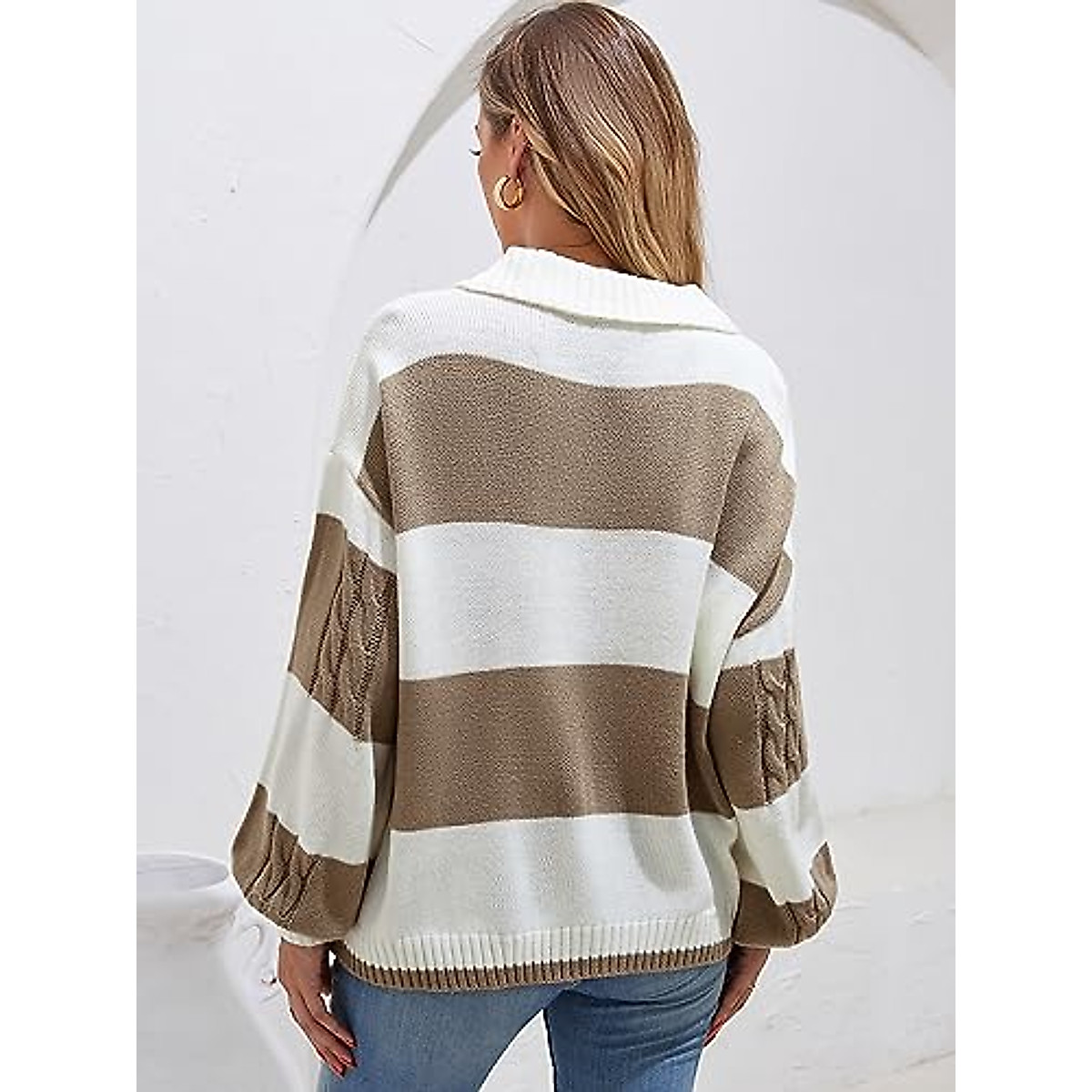 ZAFUL Women 2023 Striped V Neck Long Sleeve Sweater Fall Lapel Collar Ribbed Knit Loose Pullover Sweater Jumper Top Brown