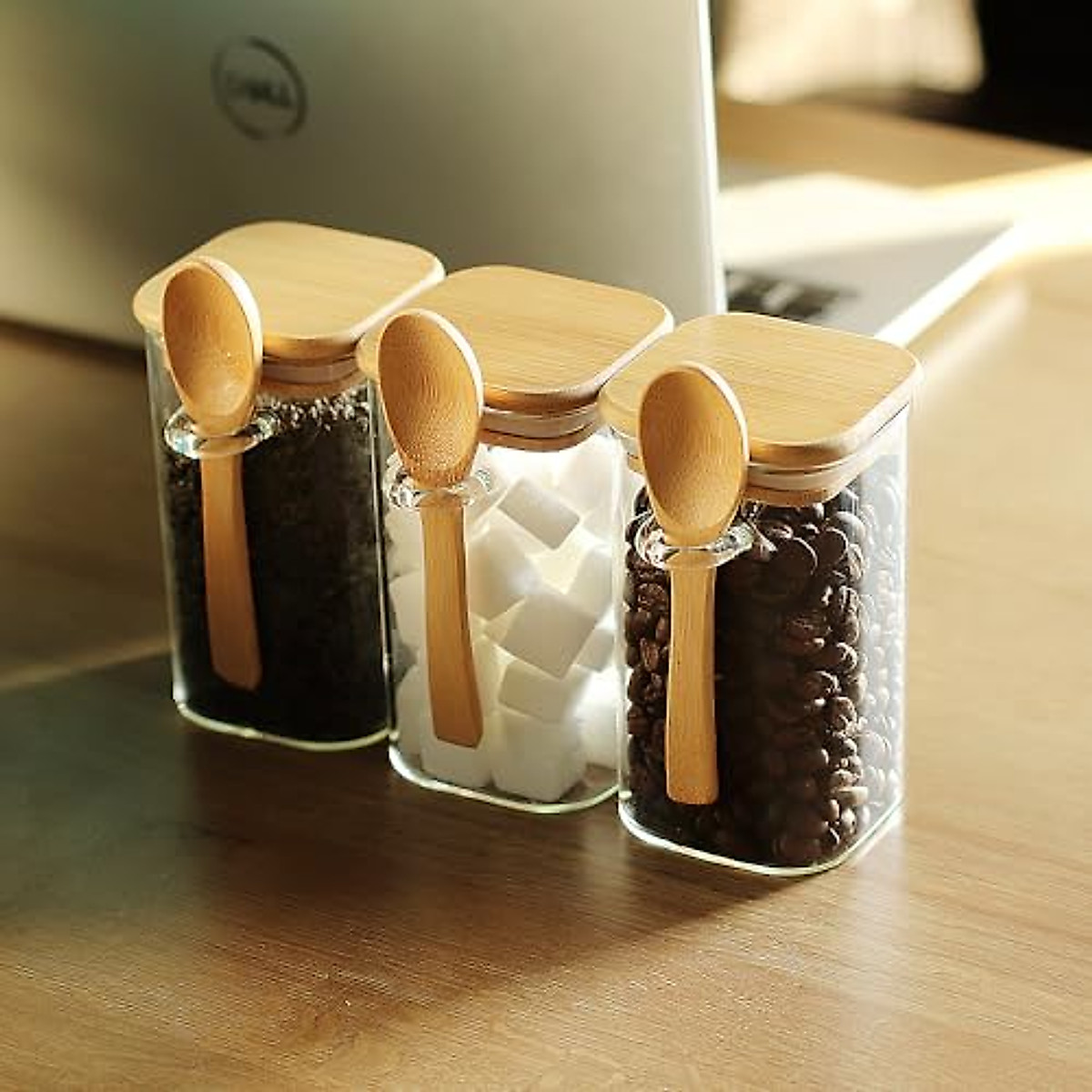 SAIOOL Glass Jars Set of 3 * 15 OZ-Food Storage Containers Clear Kitchen Canister with Bamboo Spoon Airtight For Serving Candy,Coffee Tea, Flour, Sugar, Cookie, Cereal(Square