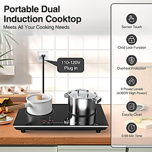 VBGK Double Induction Cooktop, 24 inch 4000W Induction stove top with hot plate,Electric cooktop with LCD Touch Screen 9 Levels Settings with Child Safety Lock & Timer 110V Induction cooktop 2 burner