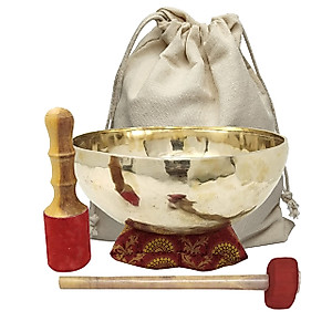 CRAFTSTRIBE 11" Handmade Crown Chatra Tibetan Singing Bowl Meditation Healing Bowl with Mallet and Silk Cushion Golden