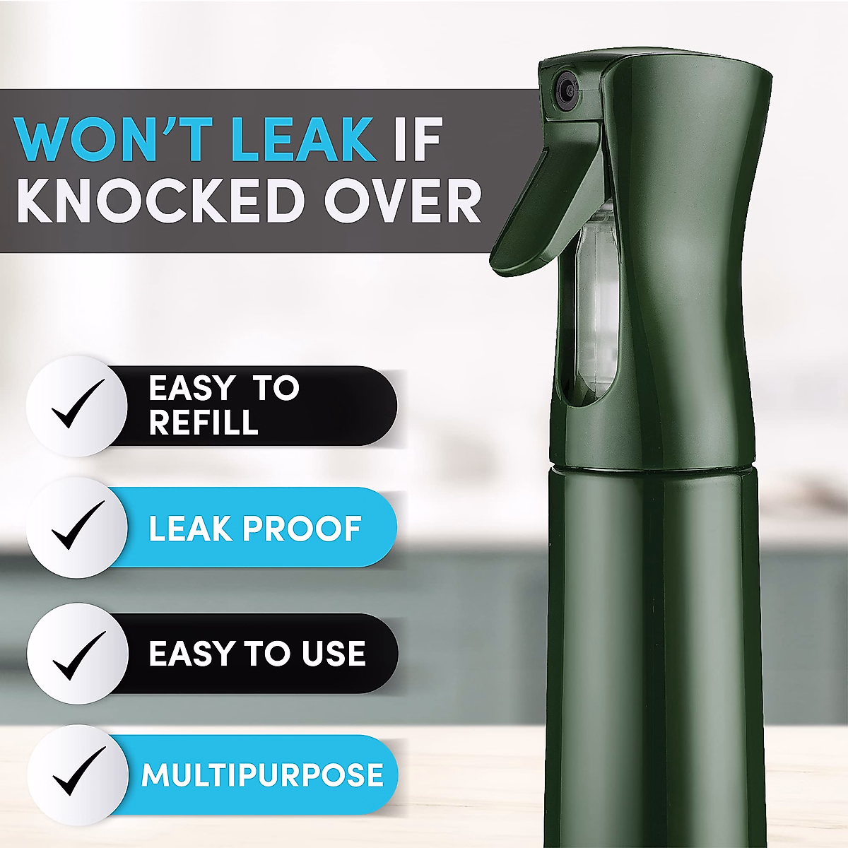 Hula Home Continuous Spray Bottle (10.1oz/300ml) Empty Ultra Fine Plastic Water Mist Sprayer – For Hairstyling, Cleaning, Salons, Plants, Essential Oil Scents & More - Green