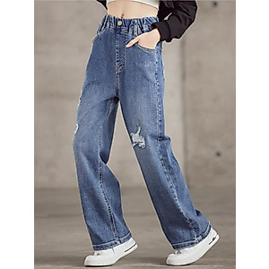 Rolanko Girls Skinny Ripped Jeans Mid-Rise Elastic Wide Leg Baggy Denim Pants for 4-14 Years (Blue Hole, 12-14)