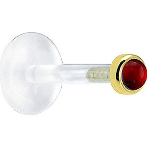 Body Candy Solid 14k Yellow Gold 2mm Genuine Ruby Bioplast Push in Labret 16 Gauge 1/4"