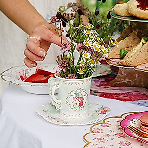 Talking Tables TS6-CUPSET Disposable Truly Scrumptious Party Vintage Floral Tea Cups and Saucer Sets, Mint Green