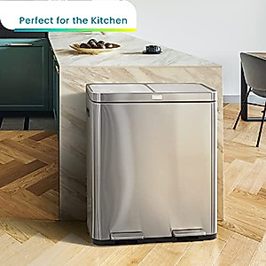 Home Zone Living 16 Gallon Dual Trash Can for Recycling and Trash with CleanAura Odor Control, 60 Liter Total Capacity, Silver