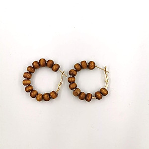 2 Pairs Minimalist Wooden Beads Big Hoop Earrings Set Vintage Wood Beaded Circle Drop Dangle Earrings Bohemian Statement Jewelry Women-Brown