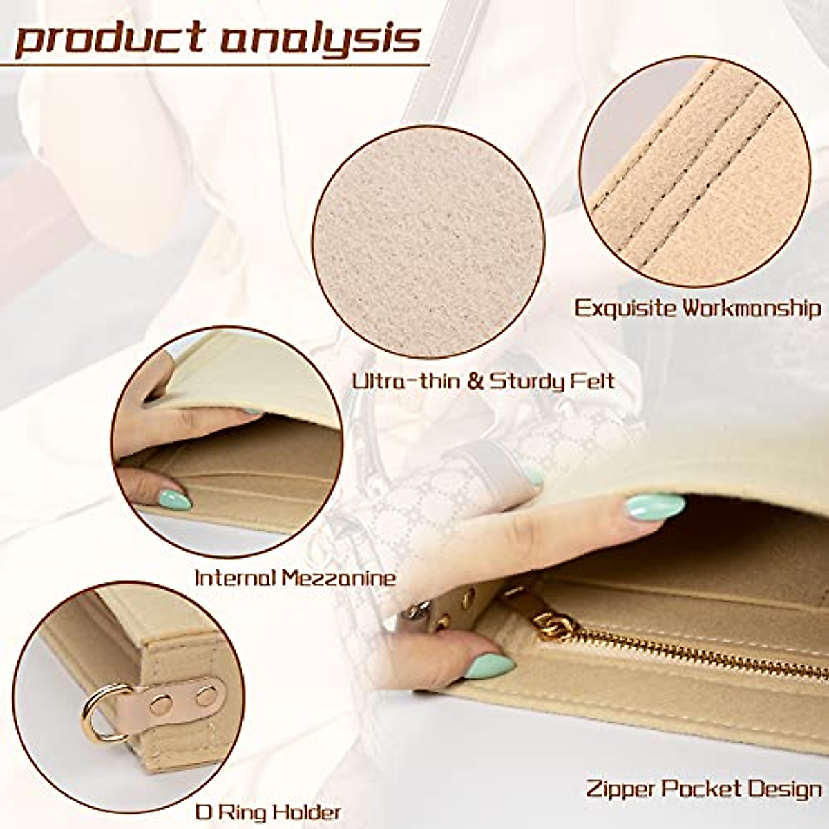 EsLuker.ly 2Pcs Felt Purse Organizer Insert with Zipper, Premium Microfiber Handbag Shaper Tote Bag Organiser Insert Fit Toiletry Pouch 26 19 - Large&Small, Khaki