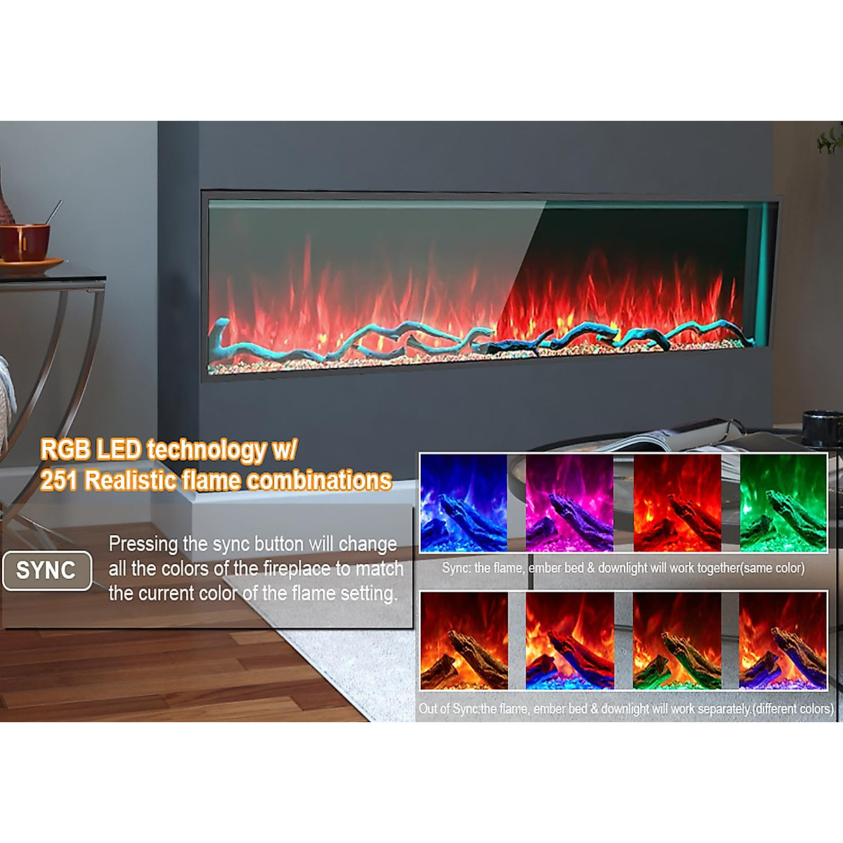 Electric Fireplace Heater 96" WiFi -Enabled Built-in Recessed Fireplace Unit with 251 Realistic Flame Color Combinations, Single-Sided 1500/750 Watt Heat Fire Place Insert Linear (44" Slim)