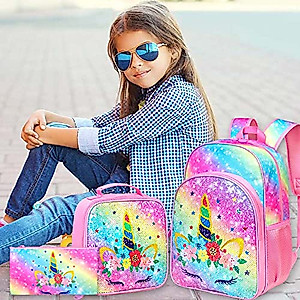 CCJPX 3PCS Unicorn Backpack for Girls, 16” Kids Sequin Bookbag and Lunch Box for Kindergarten Elementary