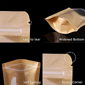 HIBCIGA 50pcs Kraft Bags With Window Clear Fornt Pouches Resealable Stand Up Zip Lock Food Storage Bags Brown 4.7"x7.8"