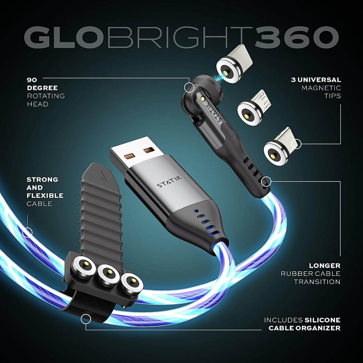 Statik GloBright 360 Magnetic Charging Cable, Light Up Charging Cable, Magnetic USB C Charging Cable, LED Charging Cable, Magnetic Charger Cable, Glowing Light Up Phone Charger Cord 6FT/2M