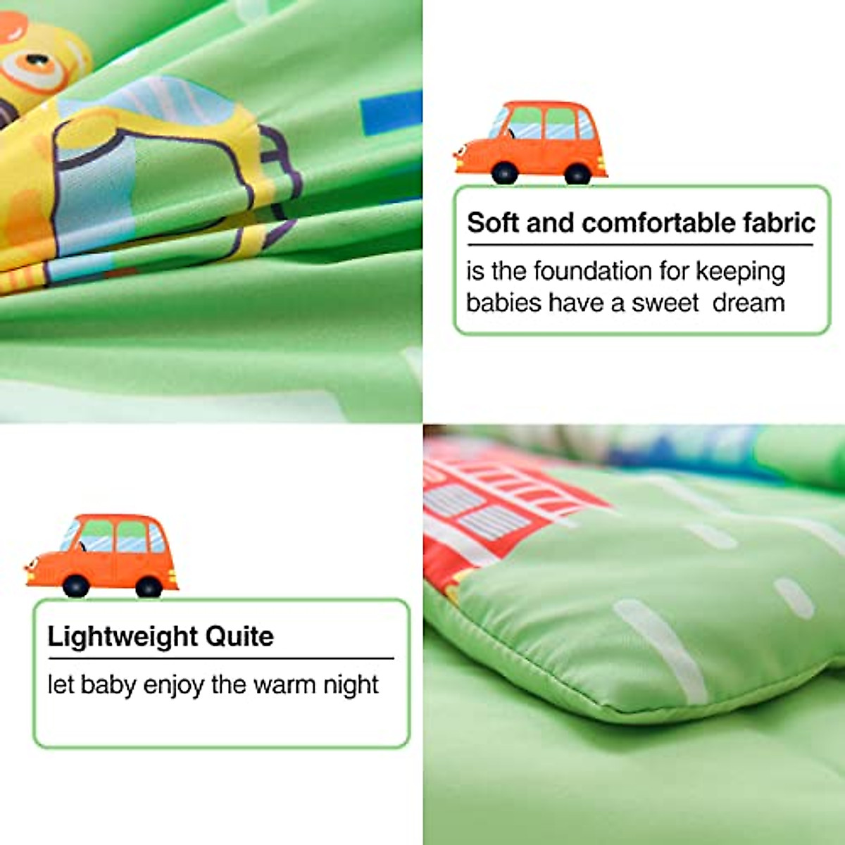 A Nice Night 4PCS Toddler Bedding Set, Transport Vehicles Cars Pattern, Comforter Sets,Includes Comforter, Flat Sheet, Fitted Sheet and Pillowcase,Green