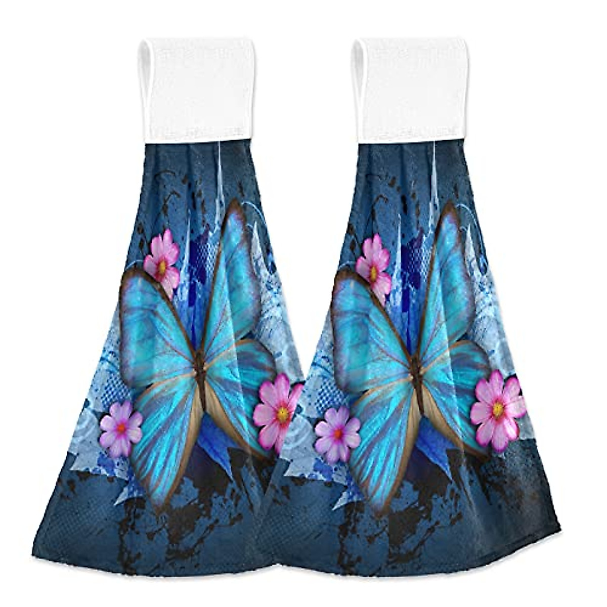 Flower Blue Butterfly Kitchen Hand Towel Bathroom Hand Tie Towel Fast Drying Dish Towels for Bath Tabletop Gym Home Decor Set of 2