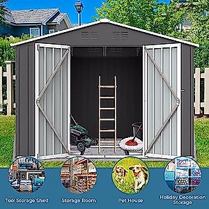 Zevemomo 8 x 6 ft Outdoor Storage Shed, All Weather Tool Shed with Metal Foundation & 2 Lockable Doors, Metal Shed Outdoor Storage for Garden, Patio, Backyard, Lawn, Grey