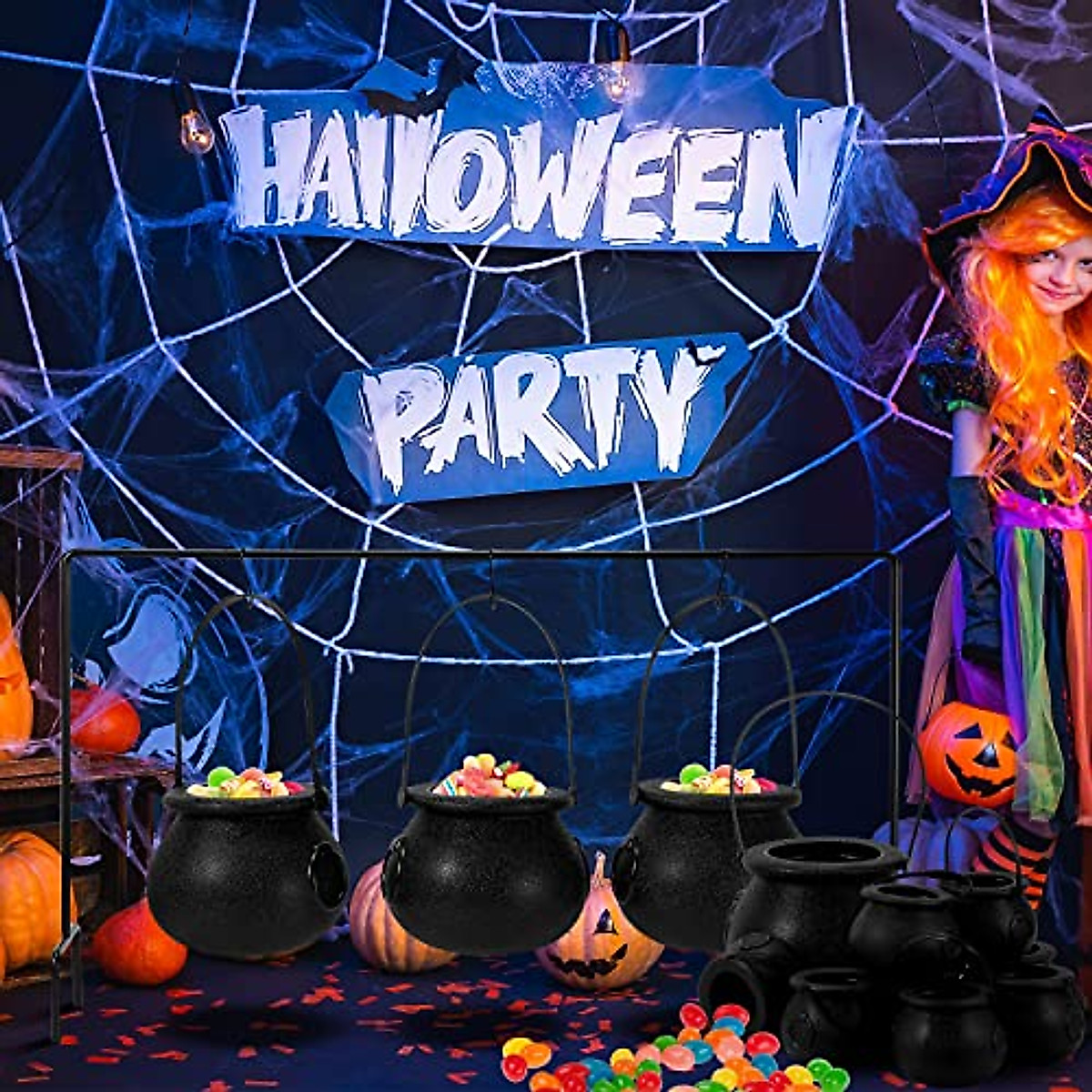 Sawysine Halloween Party Decorations Candy Bucket, 17 Pcs Witches Cauldron Serving Bowls on Rack 2 Size Candy Cauldron Kettles