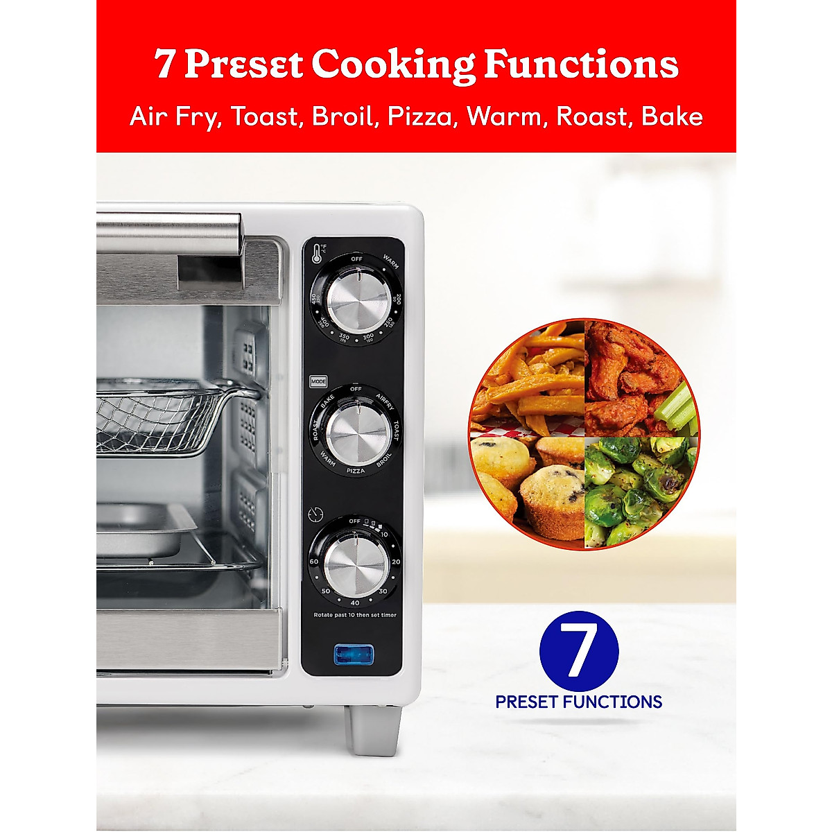 Betty Crocker Air Fryer Convection Toaster Oven, Multifunction 6-Slice Toaster and Air Fryer Oven, 0.8 Cu. Ft. 6 Slice Capacity AirFryer Toaster Oven Combo, 7 Function Convection Oven, White