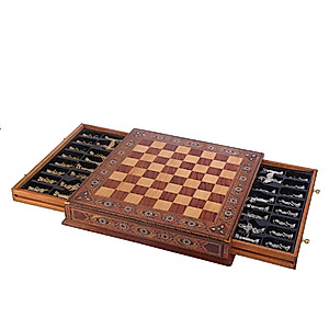 Metal Chess Set for Adult Historical Antique Copper Rome Figures Handmade Pieces and Natural Solid Wooden Chess Board with Original Pearl Around Board and Storage Inside King 4 inc