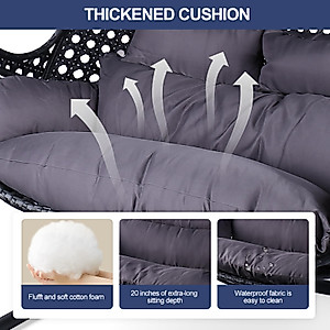 JESE Double Swing Egg Chair with Stand Indoor Outdoor,UV Resistant Cushion 2 People Hanging Anti-Rust Wicker Rattan Frame 530 lbs Capacity Oversized Hammock for Patio Bedroom Balcony，Black