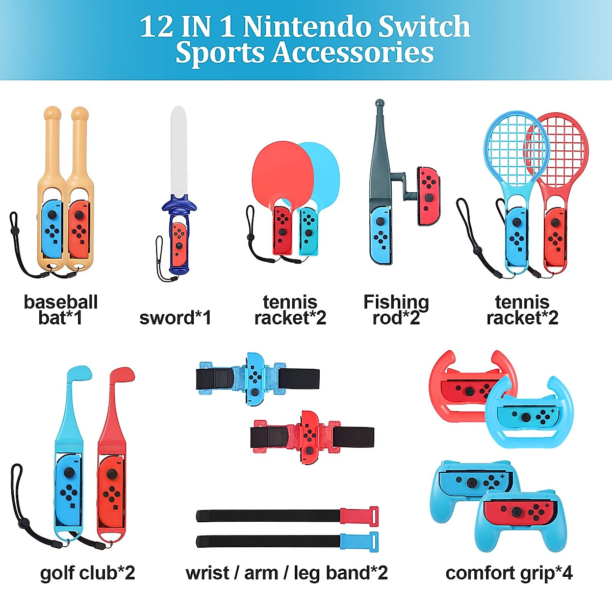 2023 Switch Sports Accessories,12 in 1 Nintendo Switch Sports with Tennis Rackets,Sword Grips,Golf Clubs,Wrist Dance Bands & Leg Strap,Joy-con Wrist Band