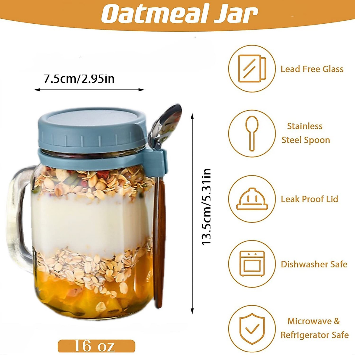 Overnight Oat Containers with Lids and Spoon and Handle, 2 Pack, Large Glass Overnight Oats Jars Reusable Airtight 16 oz Mason Jars for Cereal Yogurt