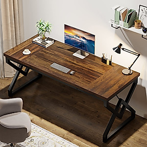 Tribesigns 63 Inch Executive Desk, Large Office Computer Desk with Extra Thick Wooden Tabletop and Metal Frame, Modern Simple Workstation Writing Table Study Desk for Home Office, Vintage Brown