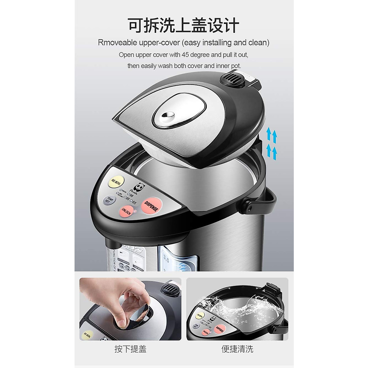 Panda Electric Water Boiler and Warmer, 3.3L, Stainless Steel/Brown, 750W, Single Hand Operation, Overheat Protection, Temperature Control