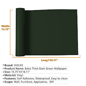 VEELIKE 15.7''x118'' Dark Green Peel and Stick Wallpaper Self Adhesive Solid Green Contact Paper Waterproof Decorative Vinyl Film for Walls Countertops Cabinets Shelf Drawer Liners Bedroom Kitchen