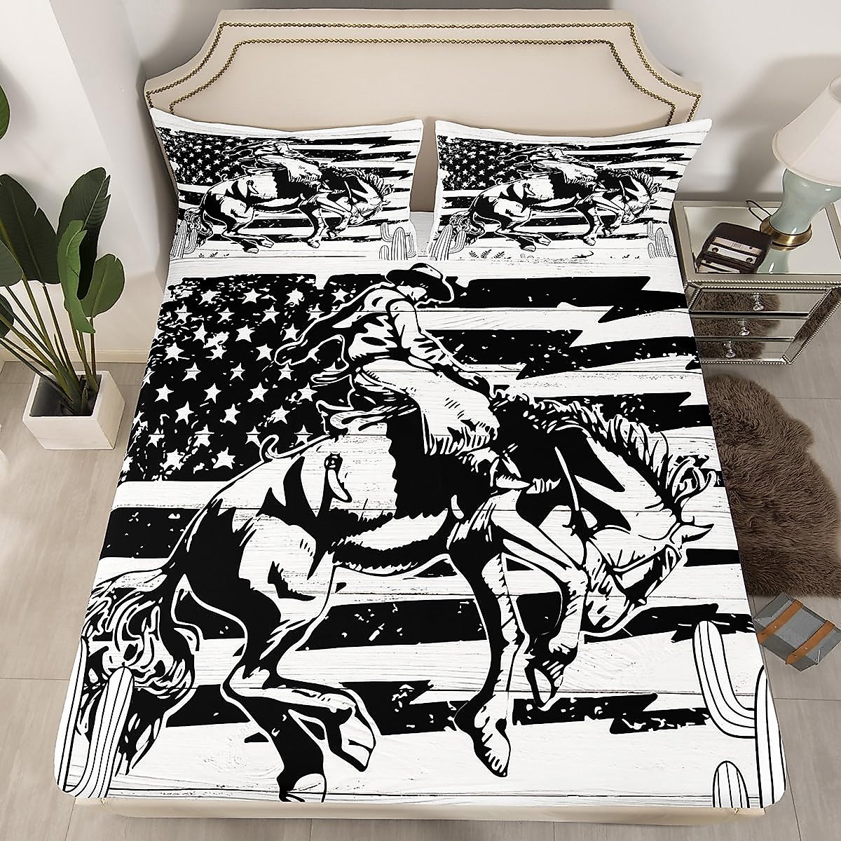 Cowboy Bedding Set Twin Size American Flag Bed Set for Girls Teens Bedroom Decor Kids Horses Pattern Fitted Sheet Soft Microfiber Black White Bed Cover(1 Fitted Sheet+1 Pillow Case)