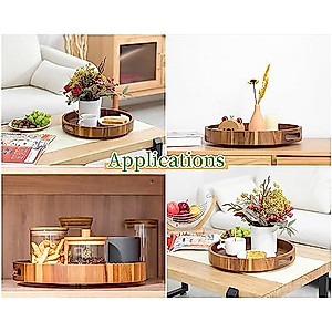 Lazy Susan Wooden Round Tray with Built-in Handles, Farmhouse Wood Serving Tray with Rotating System, Multifunctional Organizer Tray for Home Decorations Bath Vanity Tray Kitchen Counter Ottoman Tray