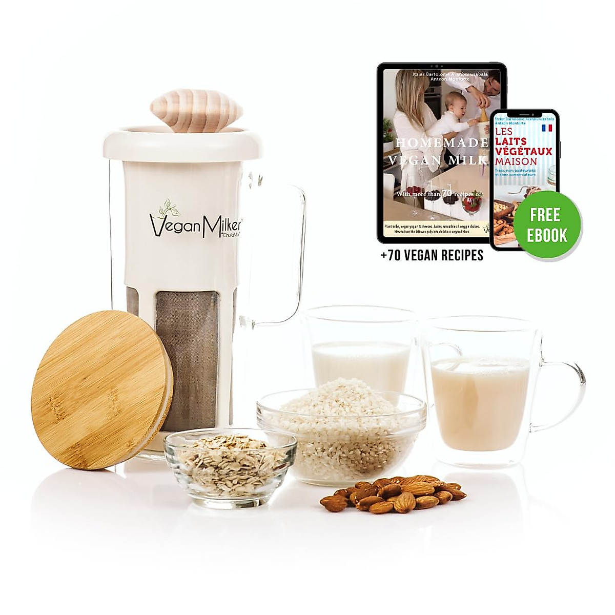 Vegan Milker Soul. Kitchen Tool to make plant milks from any nut, grain or seed. Wooden mortar. Milk Maker with Free Recipe E-Book (Soul)