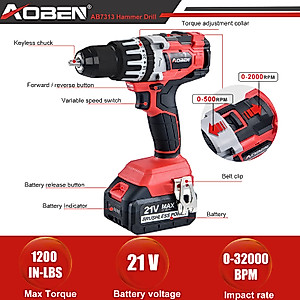 AOBEN 21V Cordless Hammer Drill, High Torque 1200 In-lbs, 1/2-Inch Power Hammer Drill Brushless, with 4.0Ah Li-ion Battery and Charger, Auxiliary Handle, Variable Speed