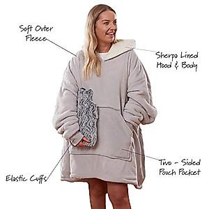 Sienna Wearable Sherpa Hoodie Blanket with Ultra Soft Fleece Lining Warm Cozy Oversized Sweatshirt Throw for Adults, One Size Fits All - Silver Grey