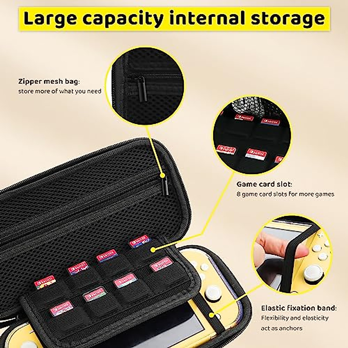 HYPERCASE Protective Case for Nintendo Switch Lite, Yellow Hard Shell Portable Travel Carrying Case Pouch for Nintendo Switch Console & Accessories, Storage Bag with 8 Game Card Slots for Girls Boys.