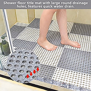 12 Pack 11.8" x 11.8" Interlocking Floor Tiles with Drain Holes Soft PVC Non Slip Shower Floor Mat Rubber Flooring Drainag Mat for Pool, Patio, Balcony, Kennel, Poultry, Dog, Grey&White