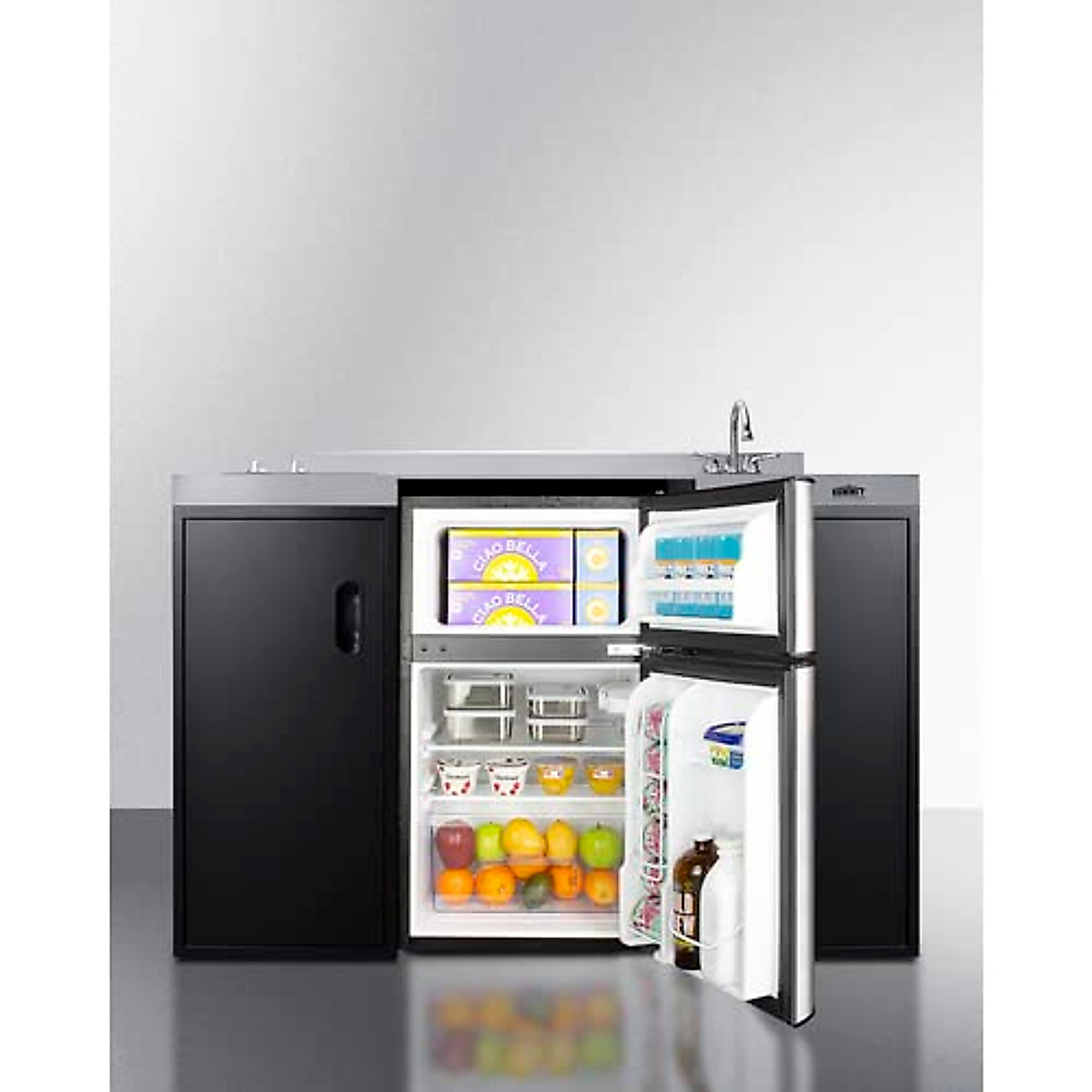 Summit Appliance CK55ADASINKR 54” Wide All-in-One Kitchenette in Black with a 2-Burner 115V Cooktop, 2-Door Refrigerator-Freezer, Sink, and Large Storage Cabinet (SINKR)