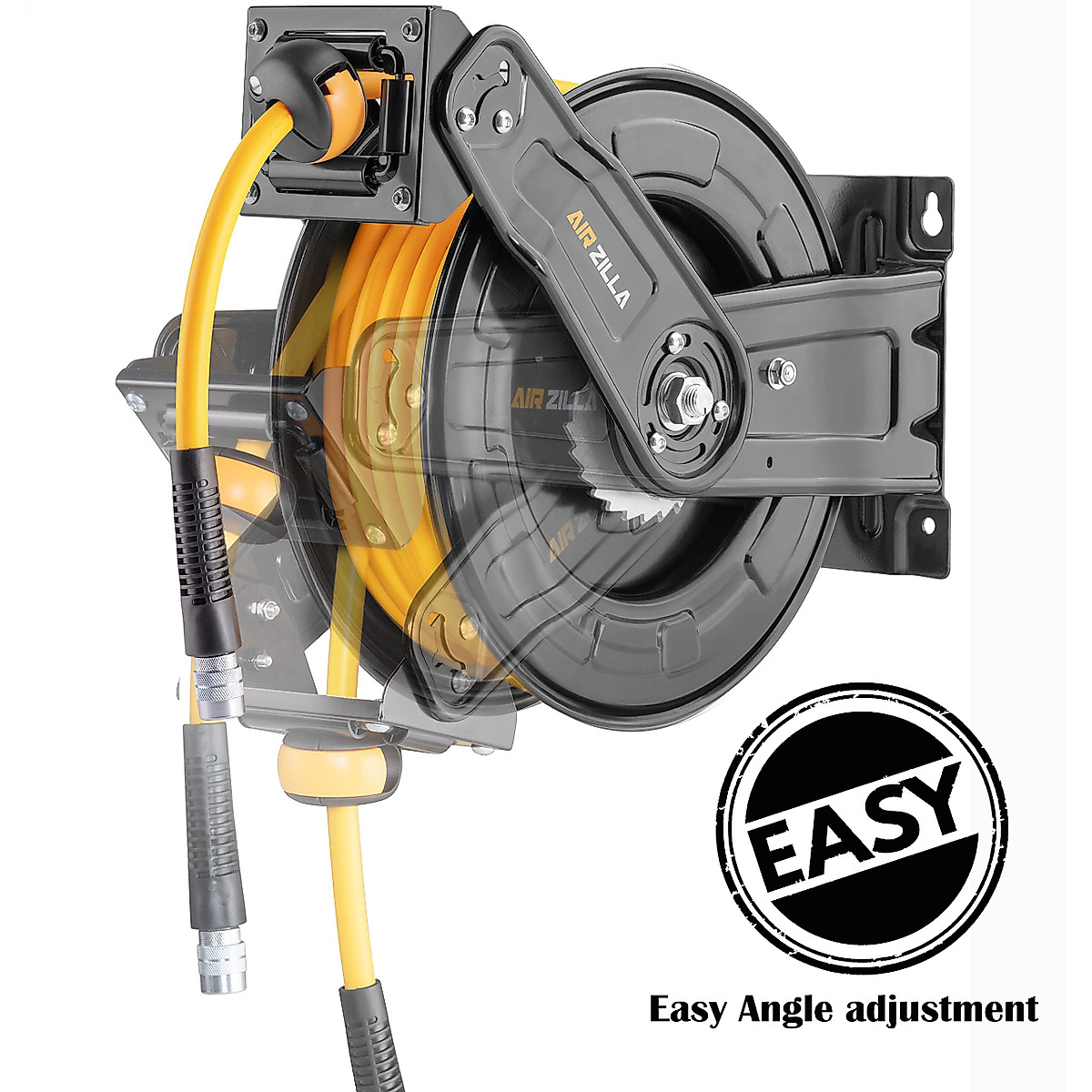 AIRZILLA Premium Steel Retractable Air Hose Reel With Dual Arm, 3/8"x50Ft Hybrid Polymer Hose, Heavy Duty Air Hose Reel included Auto Rewind Reel | Quick Air Coupler | Durable Double side Frame.