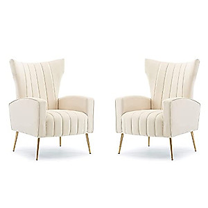 HOMEFUN Accent Chair Set of 2, Velvet Wingback Armchair Modern Upholstered Single Sofa with Metal Legs for Living Room Bedroom Nursery, Beige