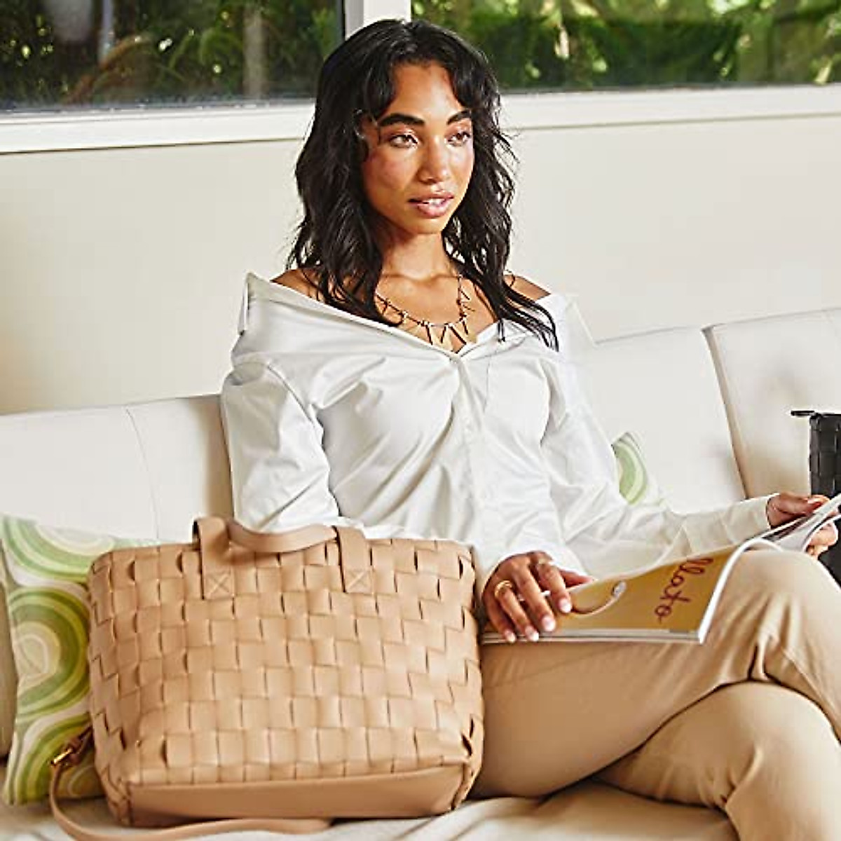 Like Dreams Women's Large Vegan Leather Woven Quilted Top Handle Missy Fashion Tote Bag (Blue Grey)