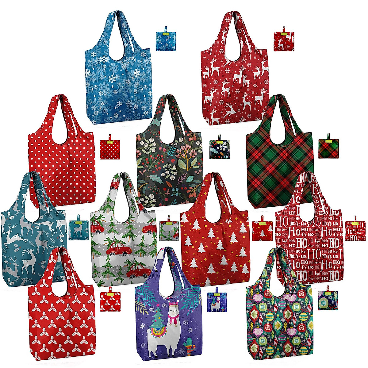 BeeGreen Christmas Red Reusable Grocery Bags 12 Pack with Storage Pouch & Elastic Band Gift Bags Shopping Tote Bags Bulk Ripstop 50LBS Extra Large Foldable Machine Washable