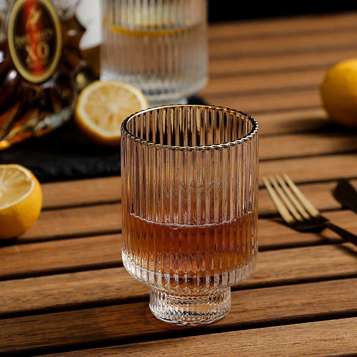 G Meridian Tumbler Glasses set of 6, 11.5 oz Clear with Gold Rim Durable Drinking Highball Cup for Water Soda Juice Milk Coke Beer Spirits Iced Beverage Vintage Style Home Office Desk Everyday Use