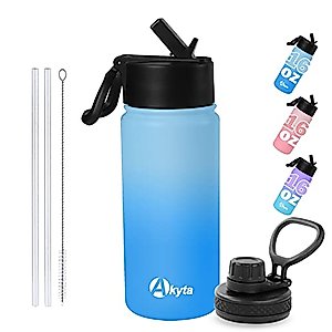 Akyta 16 oz Kids Water Bottle- Stainless Steel Vacuum Insulated Water Bottles, Keep Water Cold or Hot, Leakproof Wide Mouth Thermos Sports Metal Water Bottle With Straw/Spout lid (Blue, 16oz)