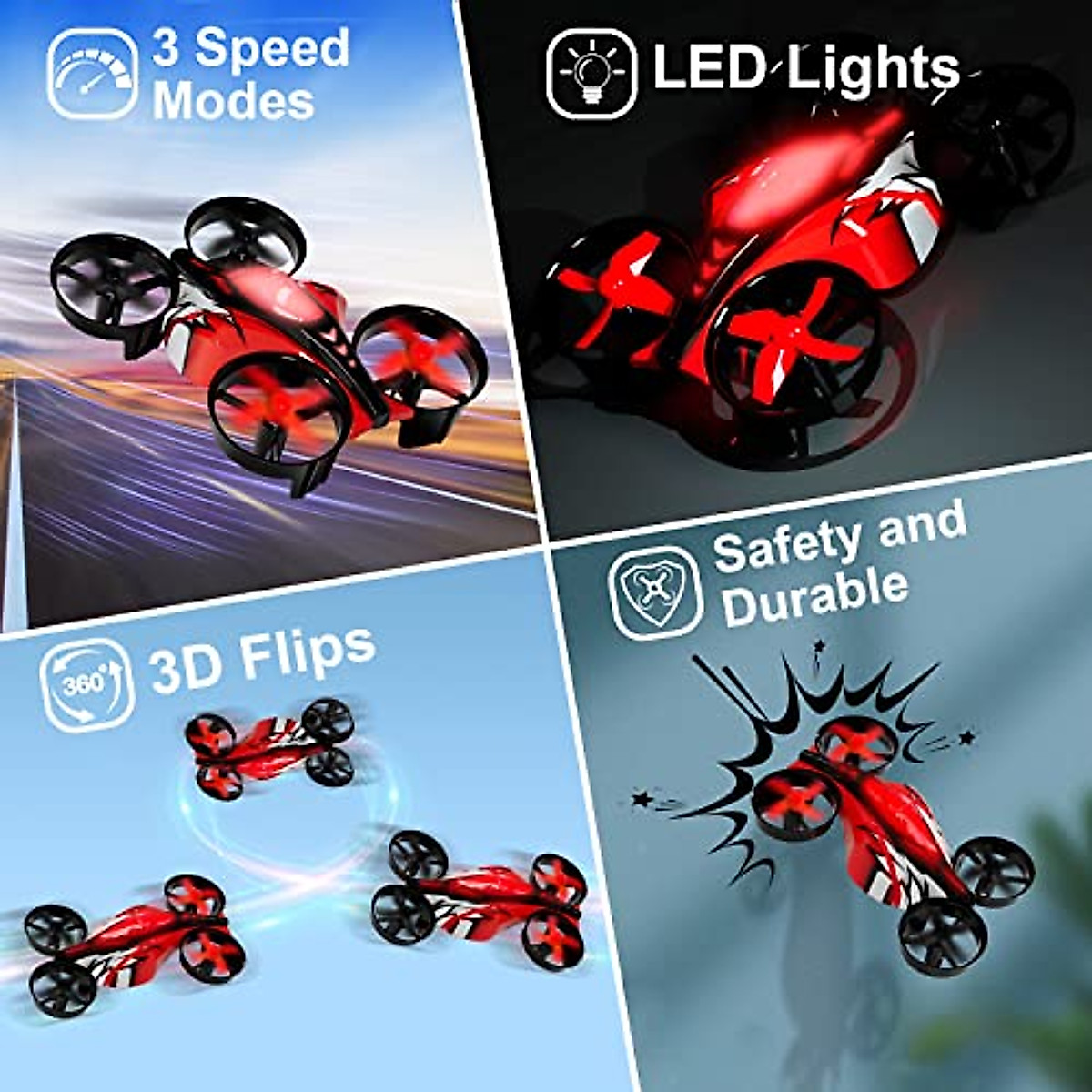 UNTEI 2 In 1 Mini Drone for Kids Remote Control Drone with Land Mode or Fly Mode, LED Lights,Auto Hovering, 3D Flip,Headless Mode and 3 Batteries,Toys Gifts for Boys Girls (Red)