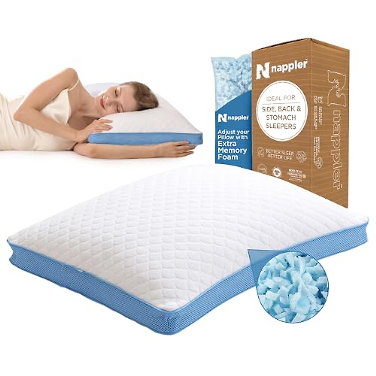 Nappler Side and Back Sleeper Pillow for Neck and Shoulder Pain Relief - Shredded Memory Foam Bed Pillow for Sleeping - 100% Adjustable Fill - King Size - Modal Washable Case. Extra Fill Included