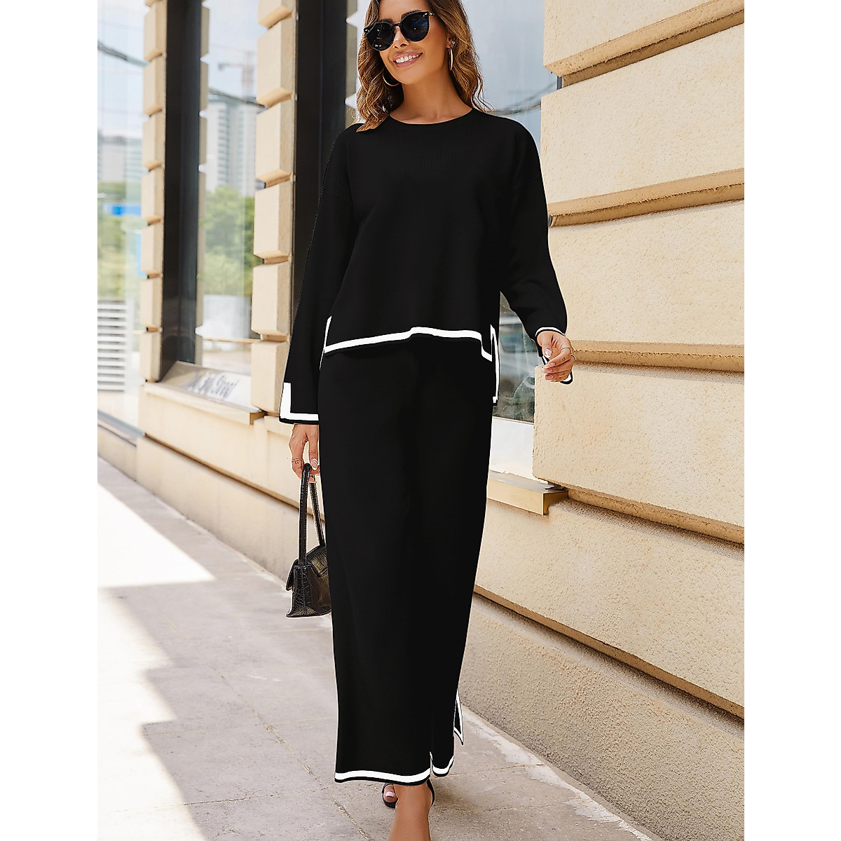 Faleave Women's Knit 2 Piece Outfits Long Sleeve Sweater Pullover Tops Wide Leg Pants Tracksuits Lounge Set(Black-M)