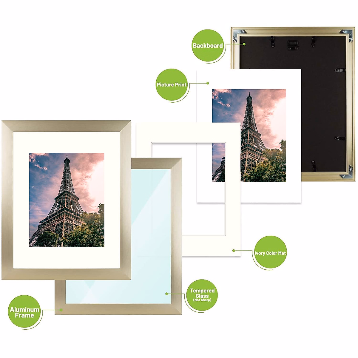 Golden State Art, 11x14 Brushed Aluminum Frame with Ivory Mat for 8x10 Picture - Wide Molding- Swivel Tabs, Sawtooth Hangers - Wall Display (Satin Gold, 1 Pack)