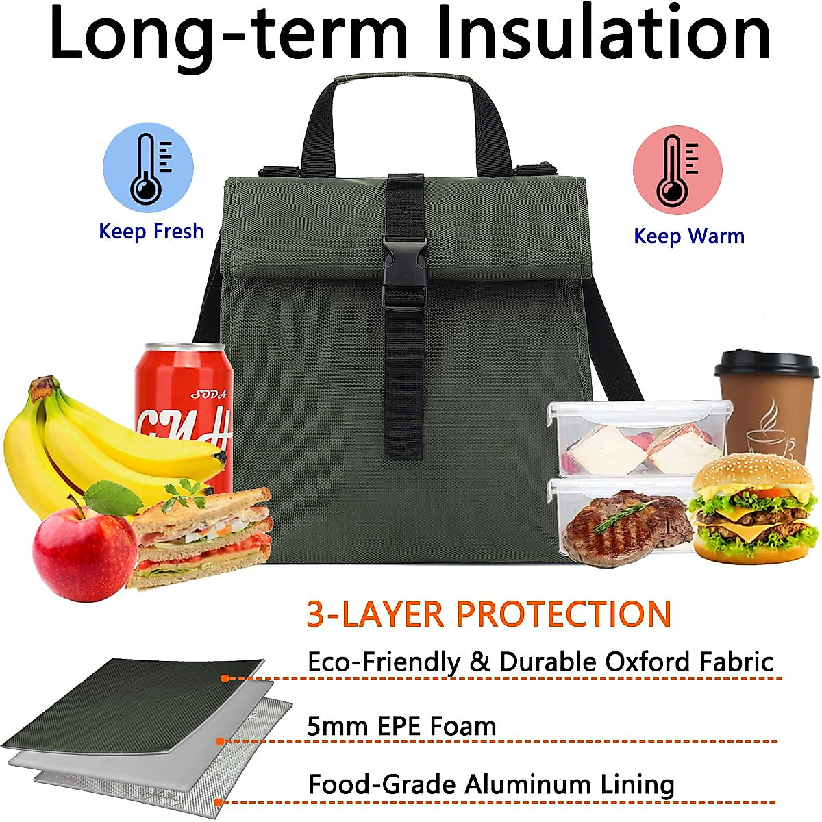 GYEUKHAM Insulated Lunch Bag for Men/Women/Kids, Roll top Reusable Lunch Box with Adjustable Shoulder Strap, Thermal Lunch Cooler Tote Container for Adults/Teens School Work Office Picnic,Army Green