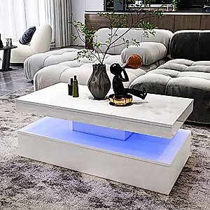 SUCXDZQ Modern Coffee Table with RGB LED Light, High Gloss Coffee Table with Remote Control for Living Room, White
